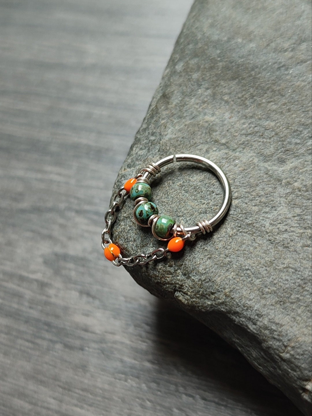 Turquoise and Orange Piercing Ring, Handmade Surgical Steel Cartilage ...