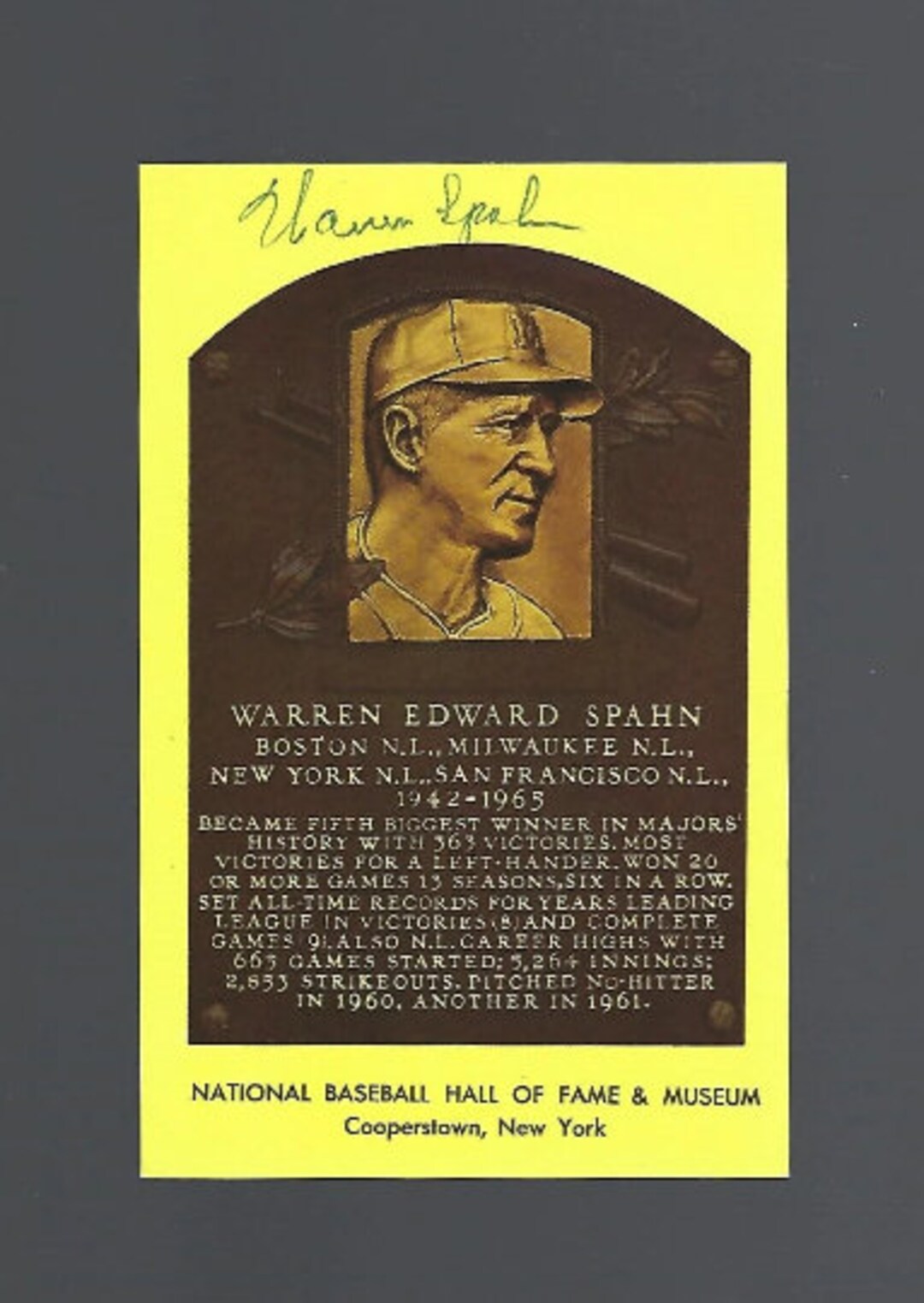 MLB Warren Spahn Autographed Hall of Fame Plaque Postcard - Etsy