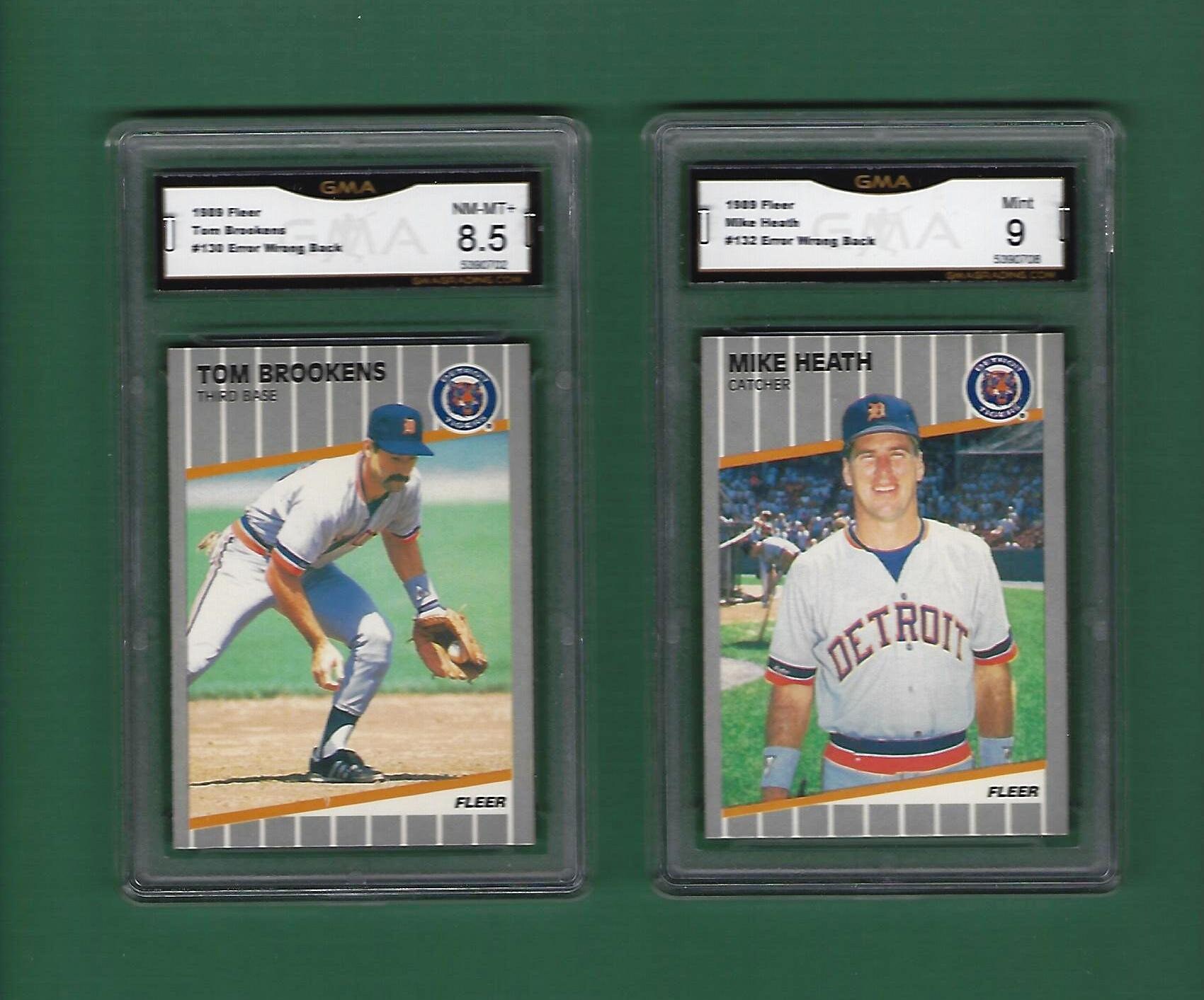 1989 Fleer 130 Mike Heath 132 Tom Brookens Wrong Back Errors GMA Graded ...
