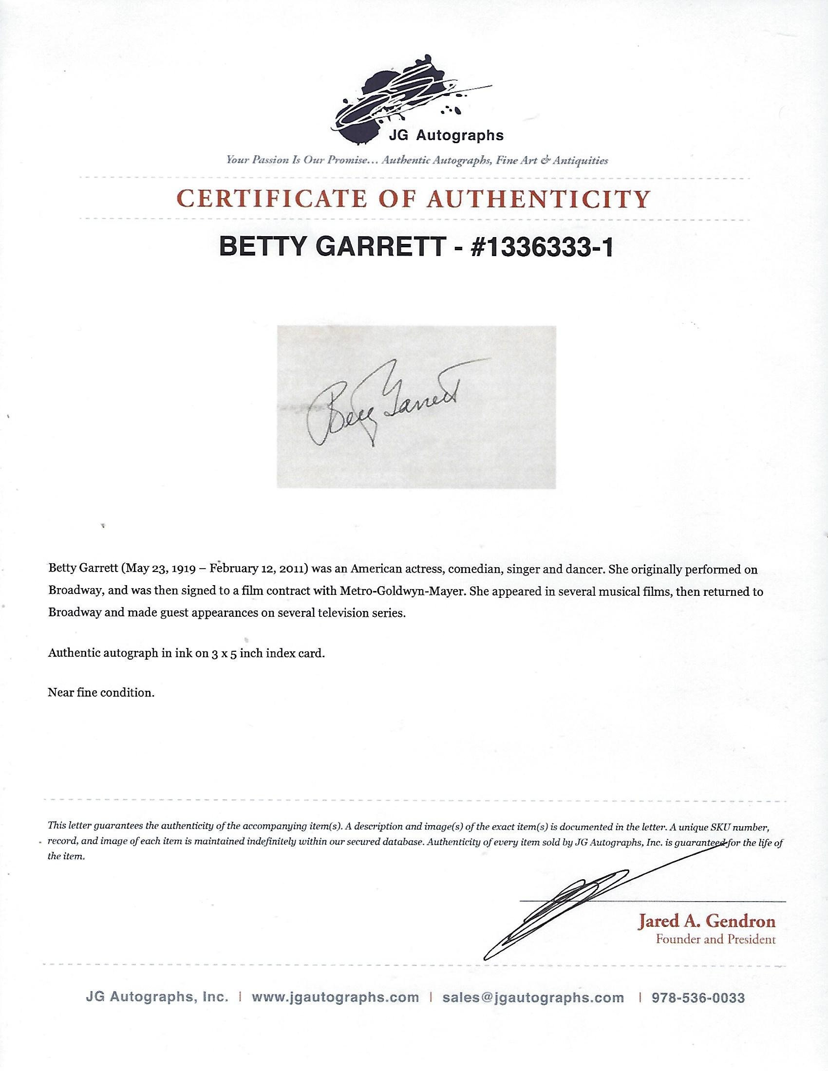 Actress Betty Garrett Stage & Screen Actress Autographed 3x5 Card W/COA ...