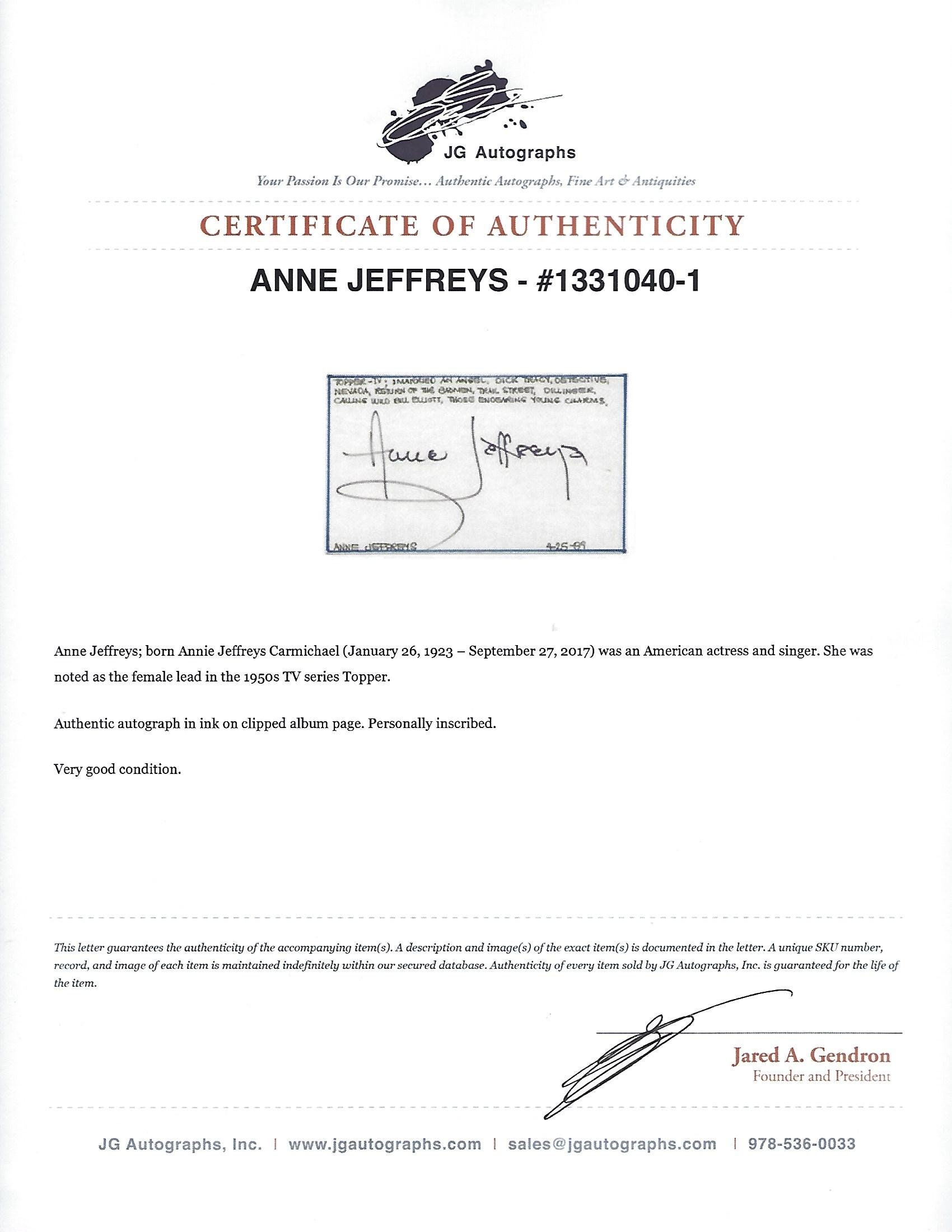 Actress Anne Jeffreys topper TV Series Actress Clipped Autograph W/COA ...