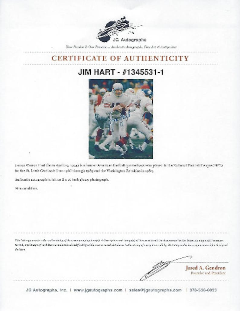 NFL Jim Hart NFL Football: St. Louis Cardinals Autographed 8x10 Photo W ...