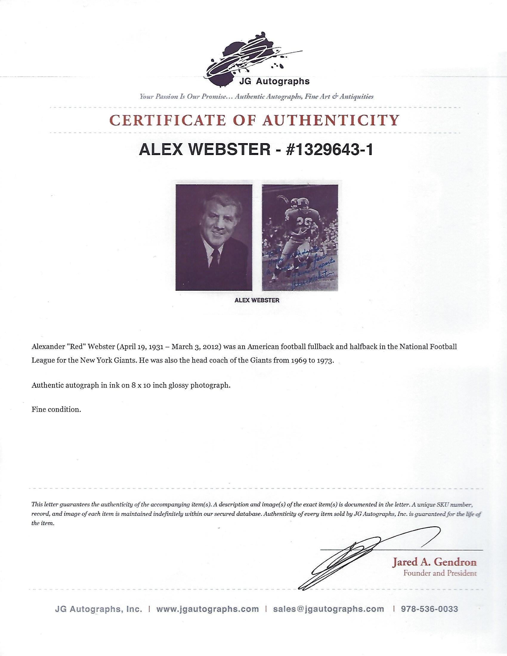 NFL Alex Webster NFL Great, New York Giants Autographed 8x10 Photo COA ...