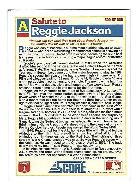 1988 Score Salute to Reggie Jackson Baseball Card Sub-set of 5 Cards NR ...
