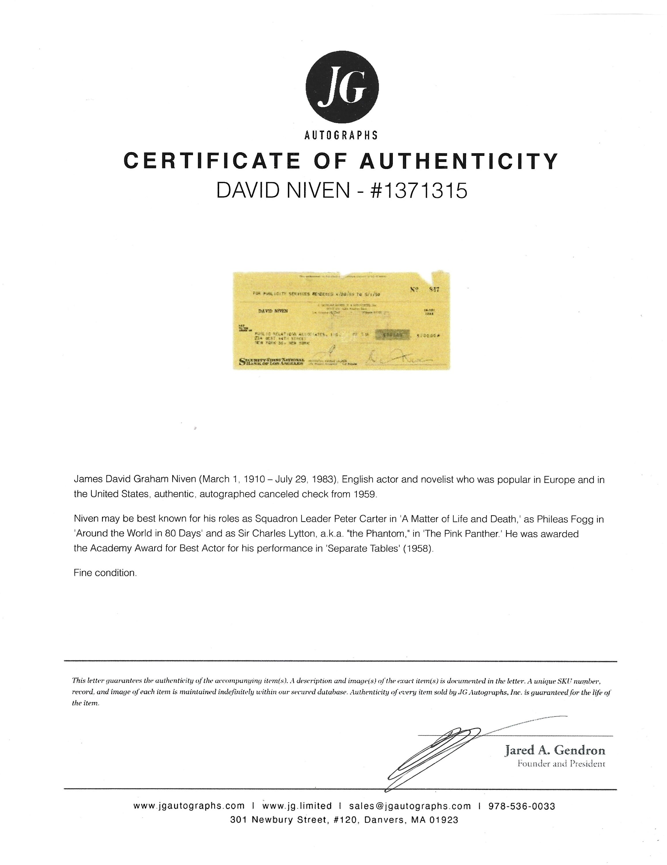 Actor David Niven English Actor and Novelist Autographed 1959 Check W ...