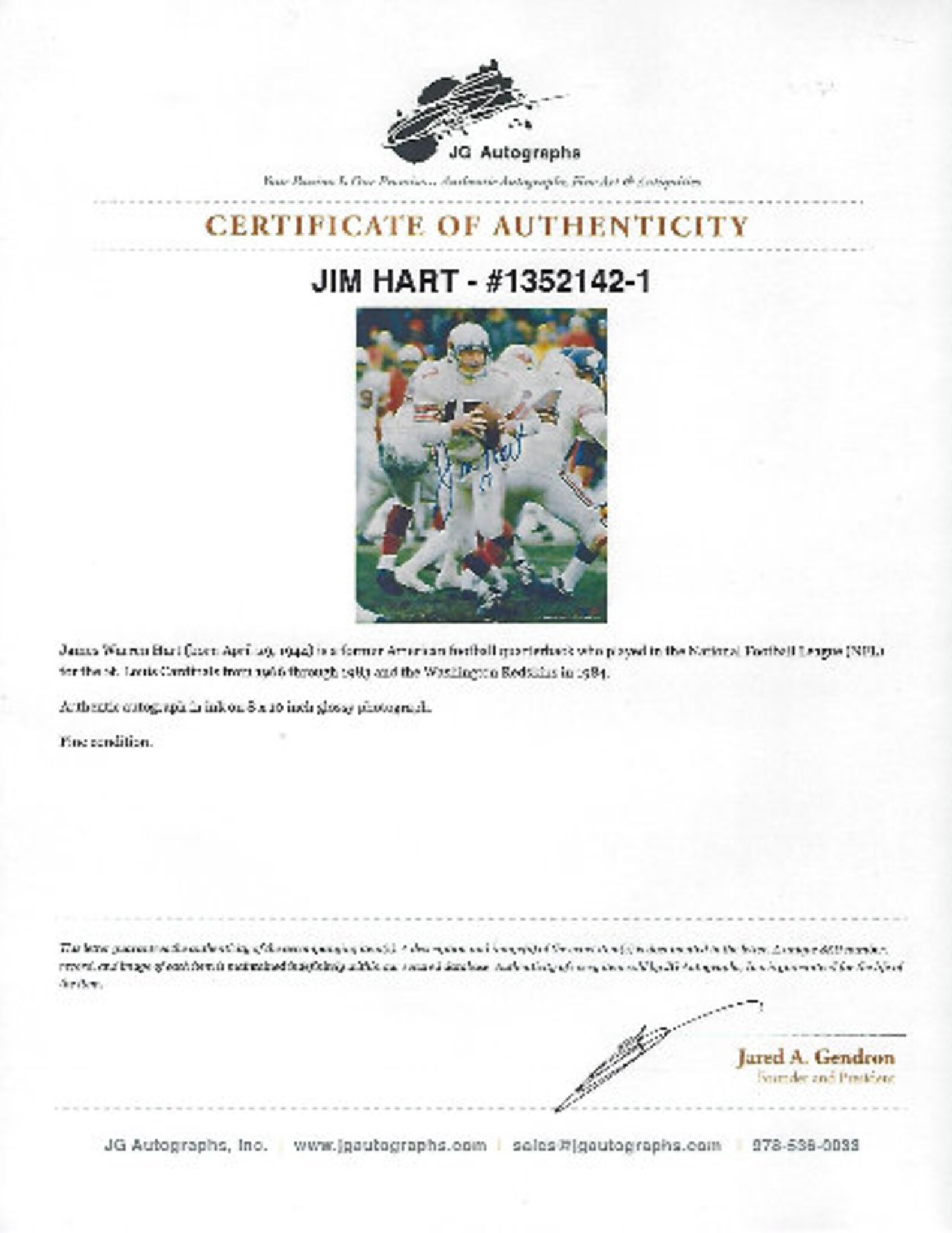 NFL Jim Hart NFL Football: St. Louis Cardinals Autographed 8x10 Photo W ...