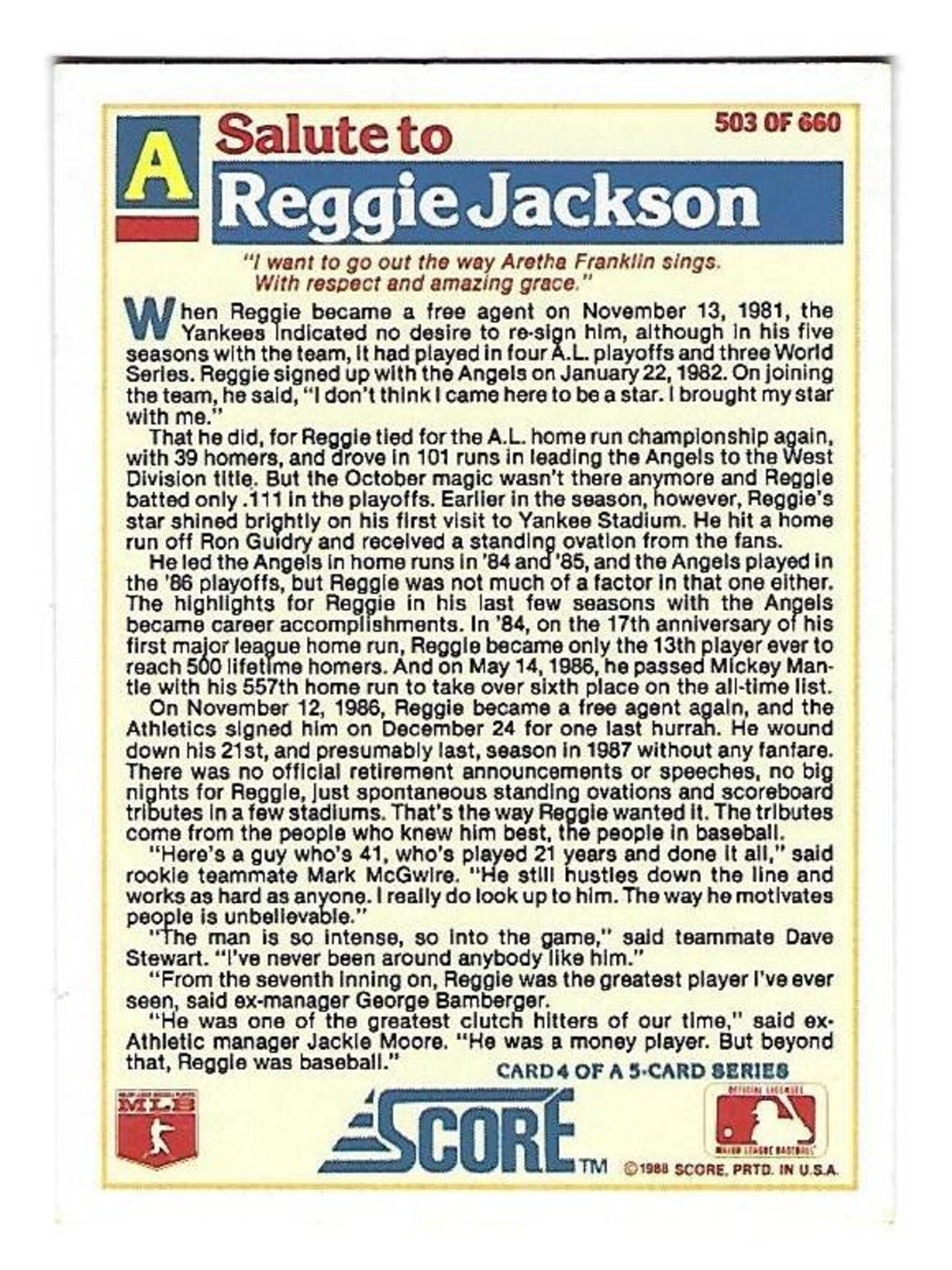 1988 Score Salute to Reggie Jackson Baseball Card Sub-set of 5 - Etsy