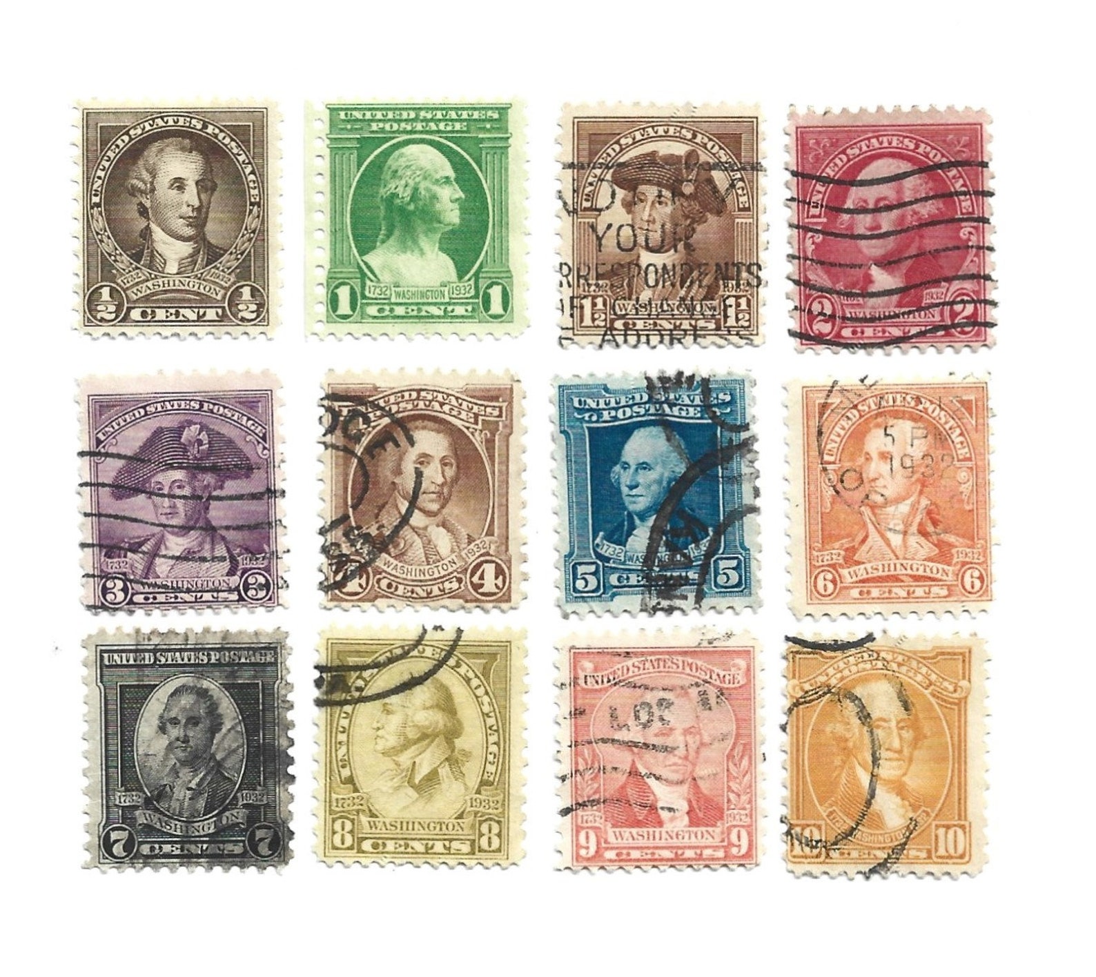 1932 U.S Postage 704-715 George Washington Bicentennial Stamp Set .5c ...
