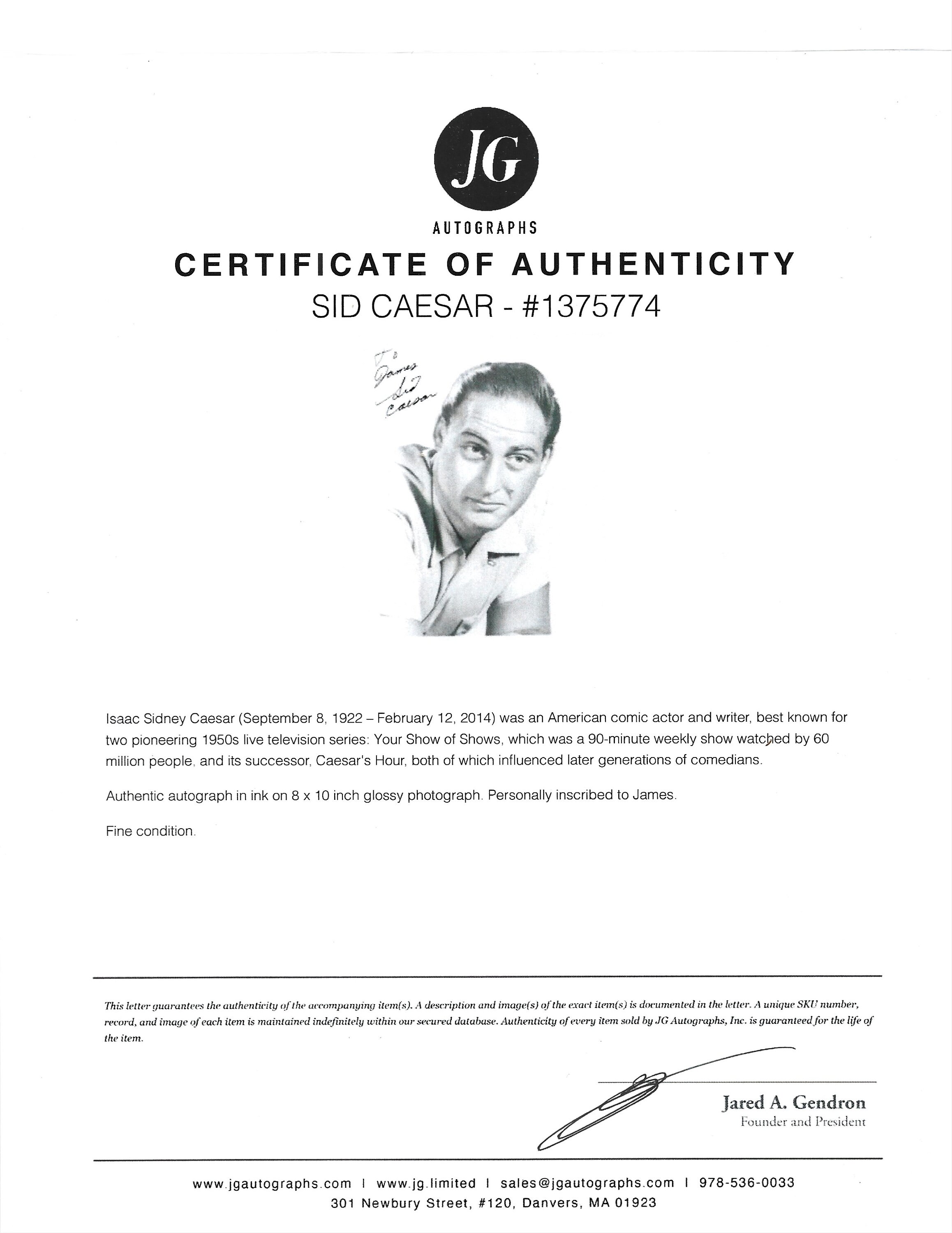 Actor Sid Caesar Comic Actor: your Show of Shows Autographed 8x10 Photo ...