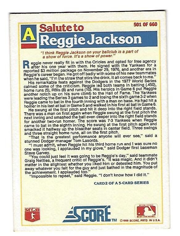 1988 Score Salute to Reggie Jackson Baseball Card Sub-set of 5 Cards NR ...