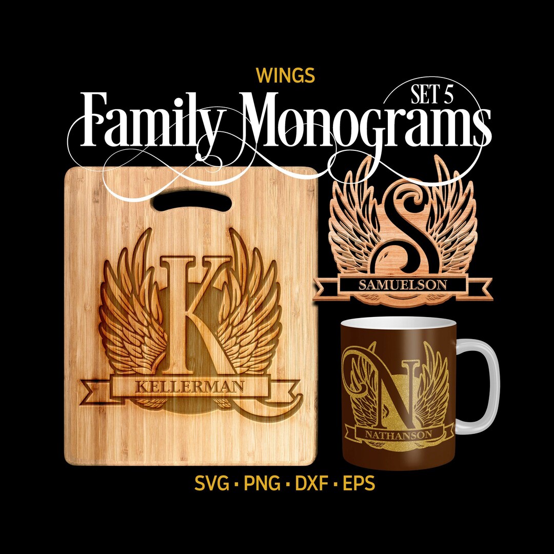 Wings FAMILY MONOGRAMS - Set 5, (svg, Png, Eps, Dxf) Laser Engraving ...