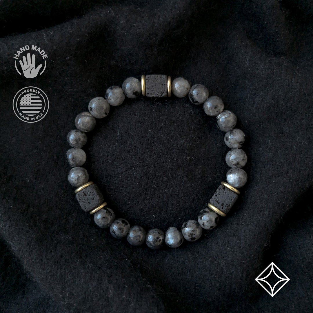 Larvikite With Cube Lava Balance Bracelet - Meditation Bracelet - Stretch Bracelet - Healing ...
