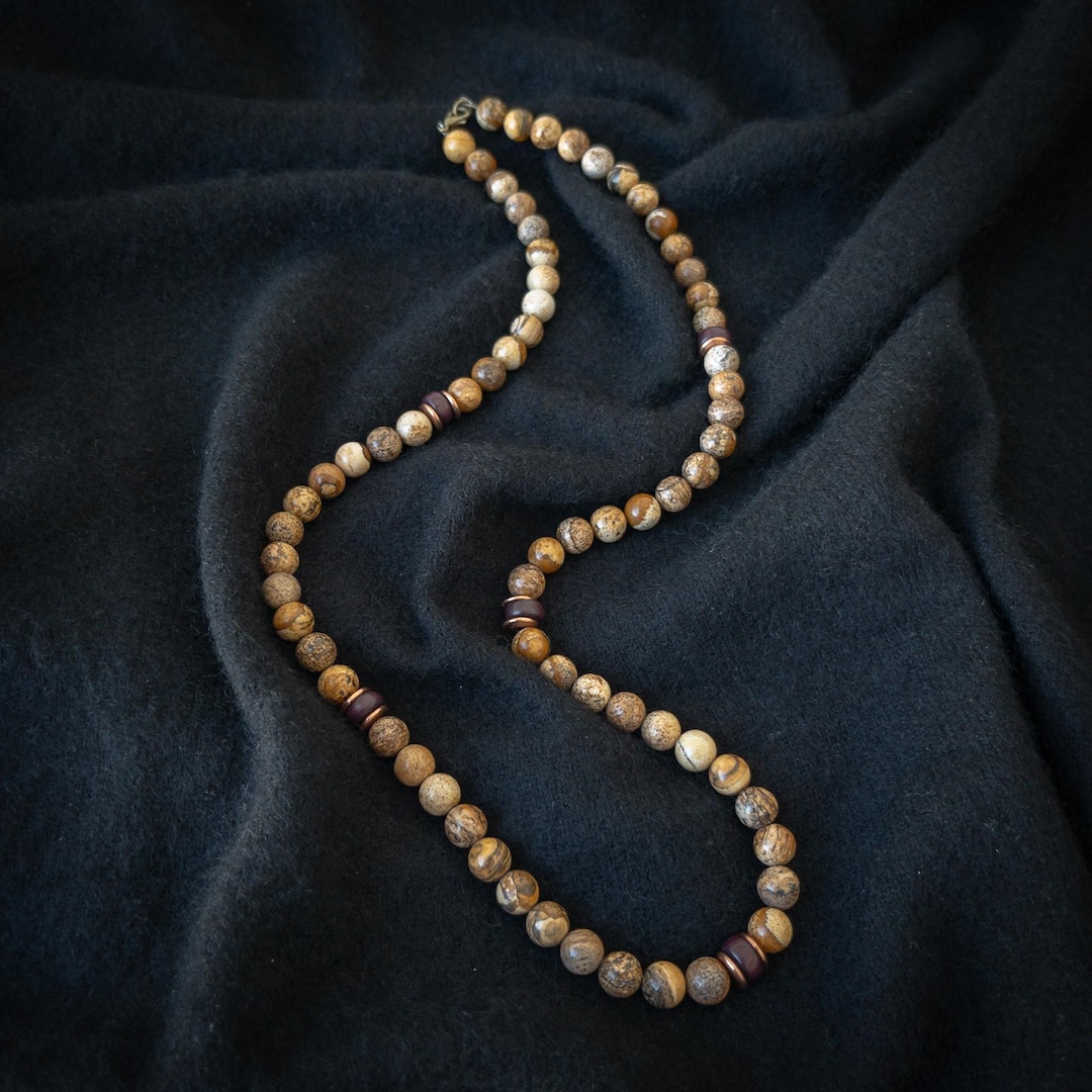 Sand Jasper Mens Necklace: 8mm Gemstone Beads With Wood Accent - Etsy