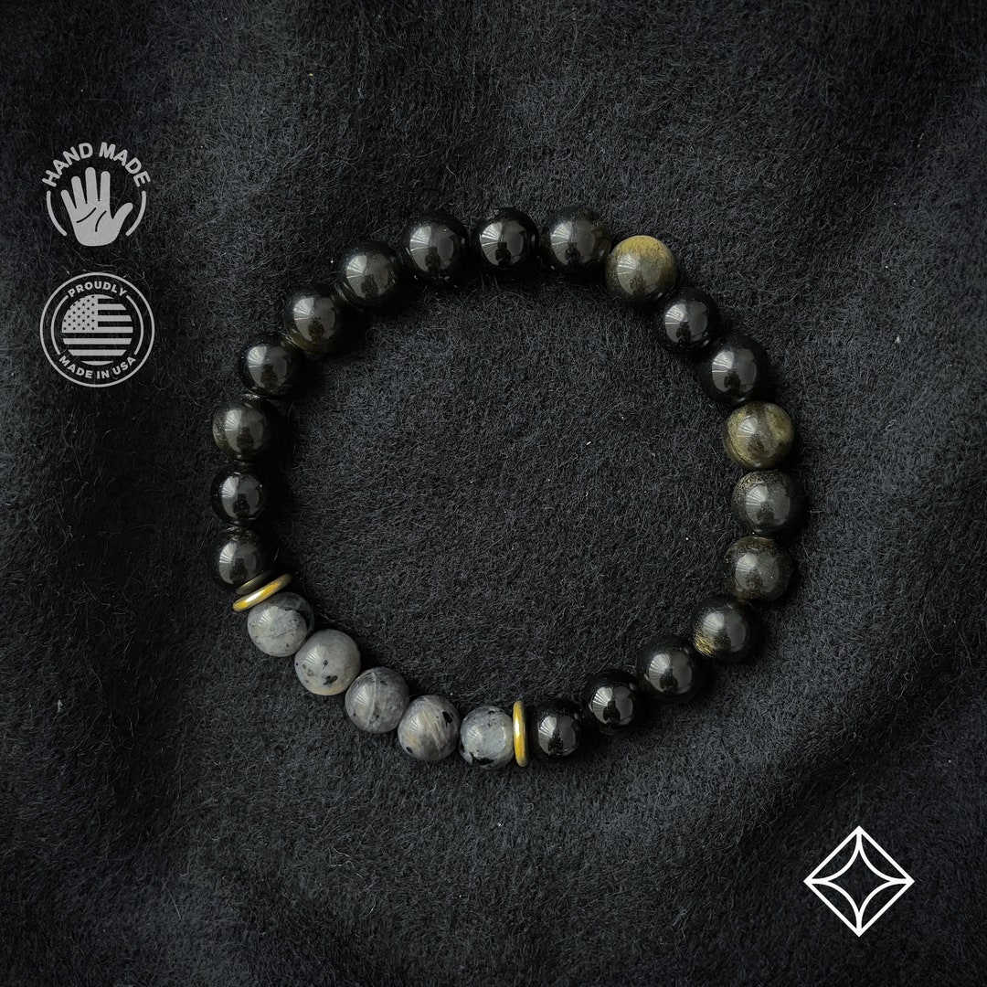 Black Obsidian and Larvikite Bracelet - Bracelet for Men and Women - Stretch Bracelet - Healing ...