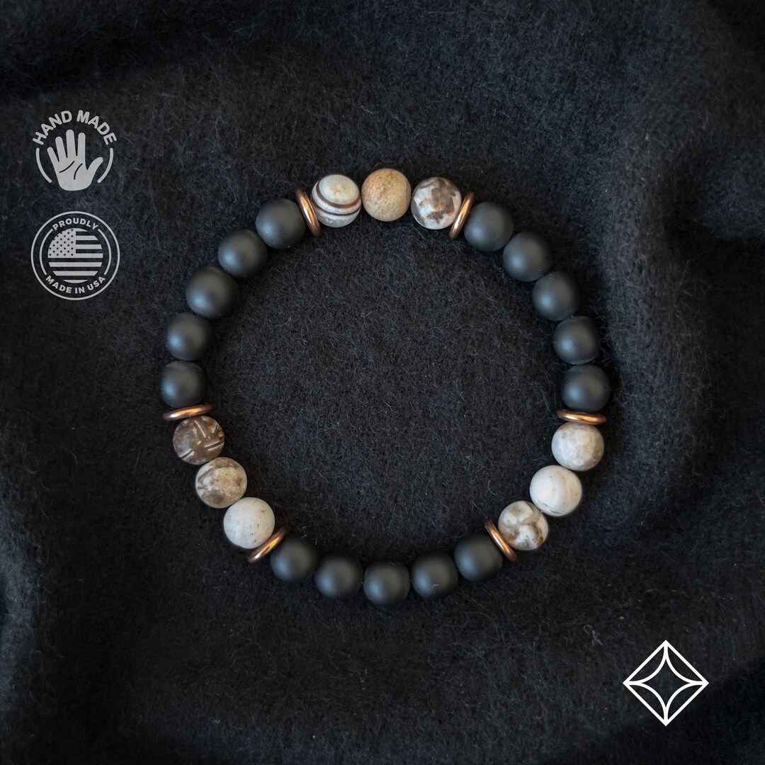 Matte Black Onyx and Rare Wooden Opal Bracelet - Bracelet - Men Jewelry ...