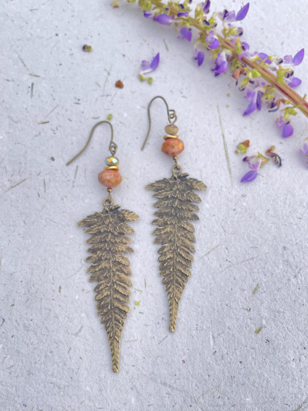 Bronze Fern Dangle Earrings With Coral Czech Glass Beads - Etsy