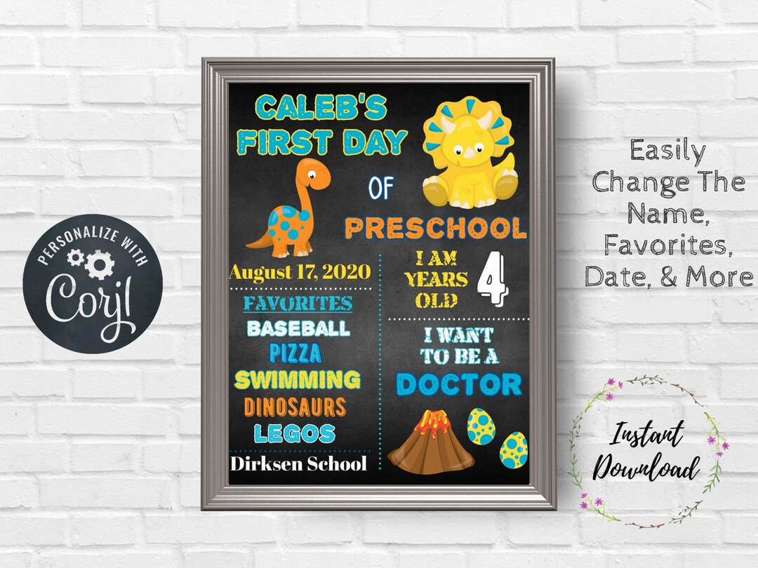 Editable Dinosaur Back to School Sign, Preschool, Pre-k, First Day of ...