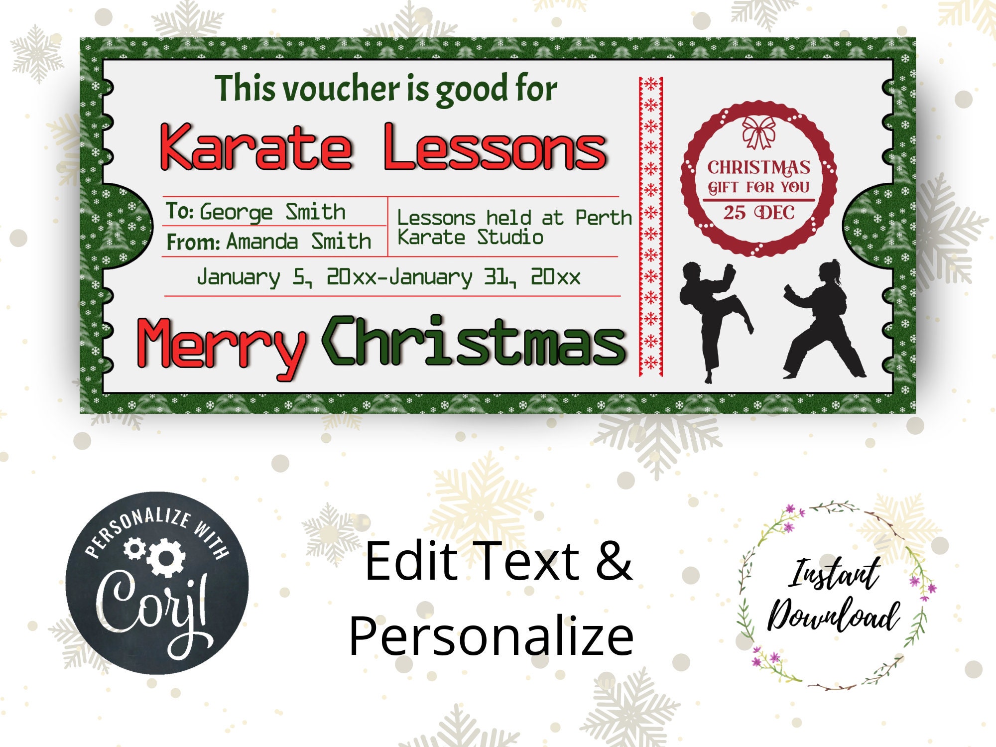 Editable Karate Lessons Christmas Voucher, Gift Certificate, Gift ...