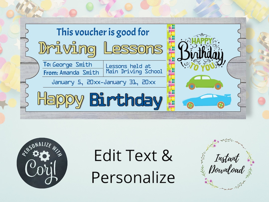 Editable Driving Lessons Birthday Voucher, Gift Certificate, Gift ...