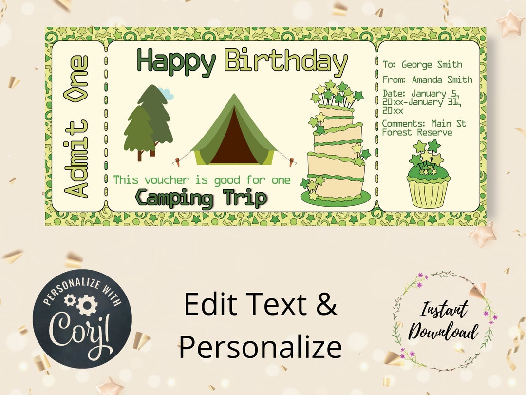 Editable Camping Trip Birthday Voucher, Gift Certificate, Gift Voucher ...