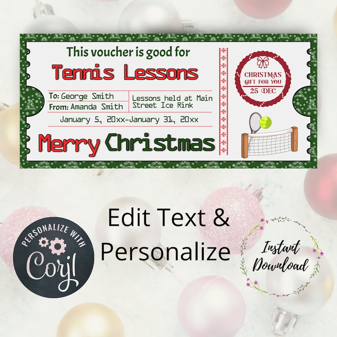 Editable Tennis Lessons Christmas Voucher, Gift Certificate, Gift ...
