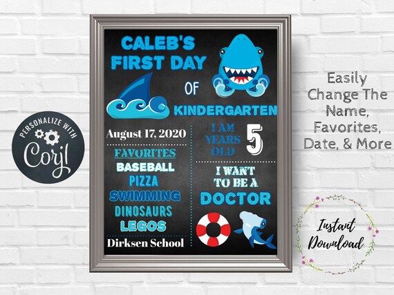 Editable Shark Back to School Sign Kindergarten First Day of - Etsy