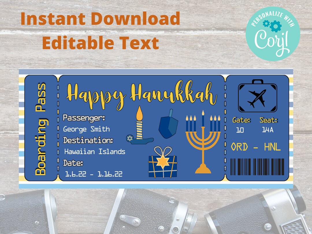 Editable Hanukkah Boarding Pass, Ticket, Gift Voucher, Vacation ...
