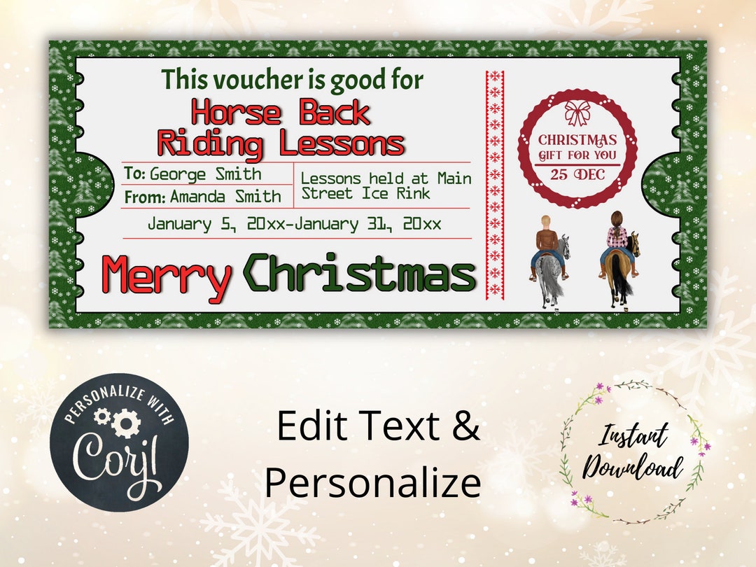 Editable Horse Back Riding Lessons Christmas Voucher, Gift Certificate ...