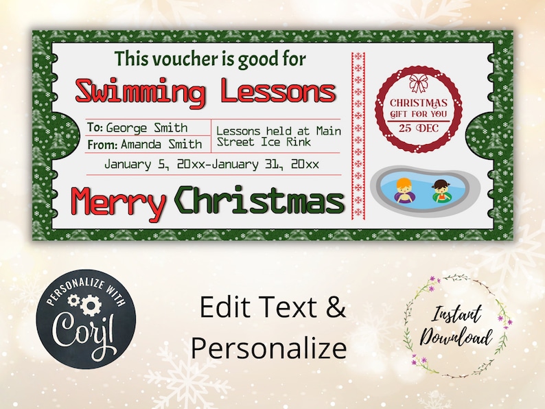 Editable Swimming Lessons Christmas Voucher, Gift Certificate, Gift ...
