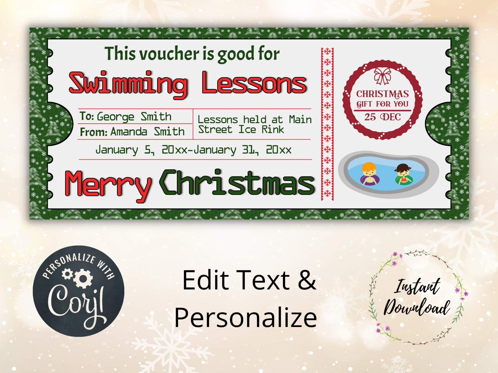 Editable Swimming Lessons Christmas Voucher, Gift Certificate, Gift ...