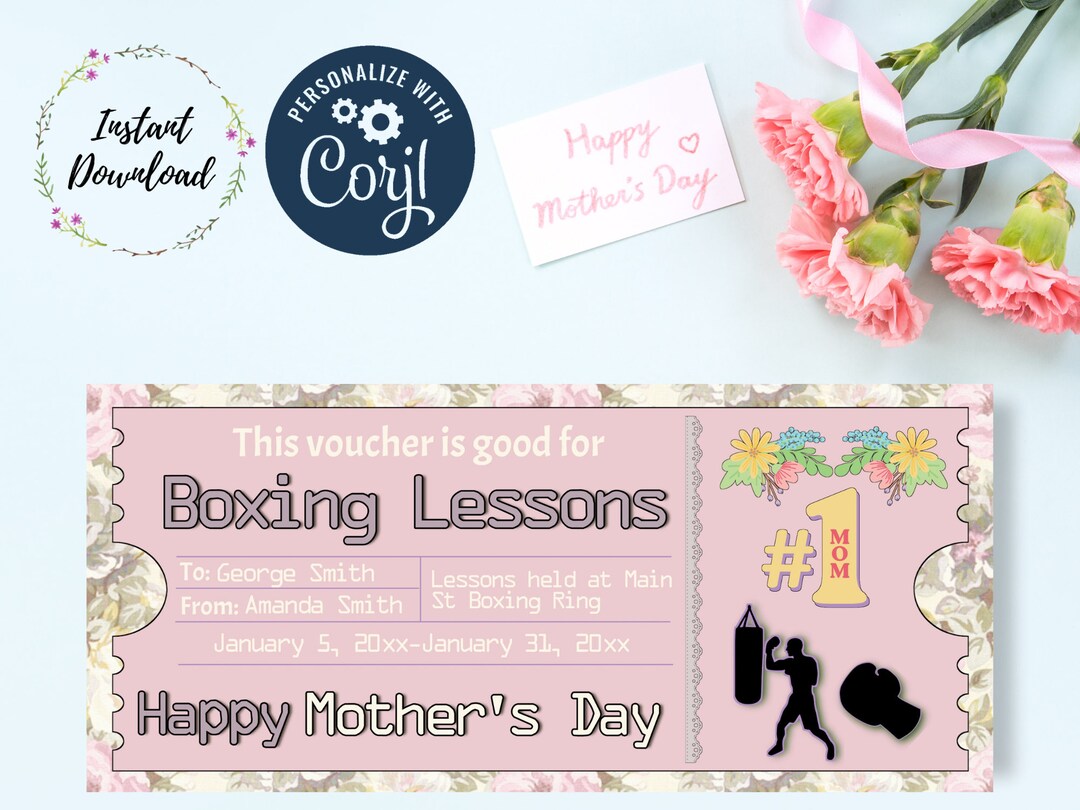 Editable Boxing Lessons Mother’s Day Voucher, Gift Certificate, Gift ...