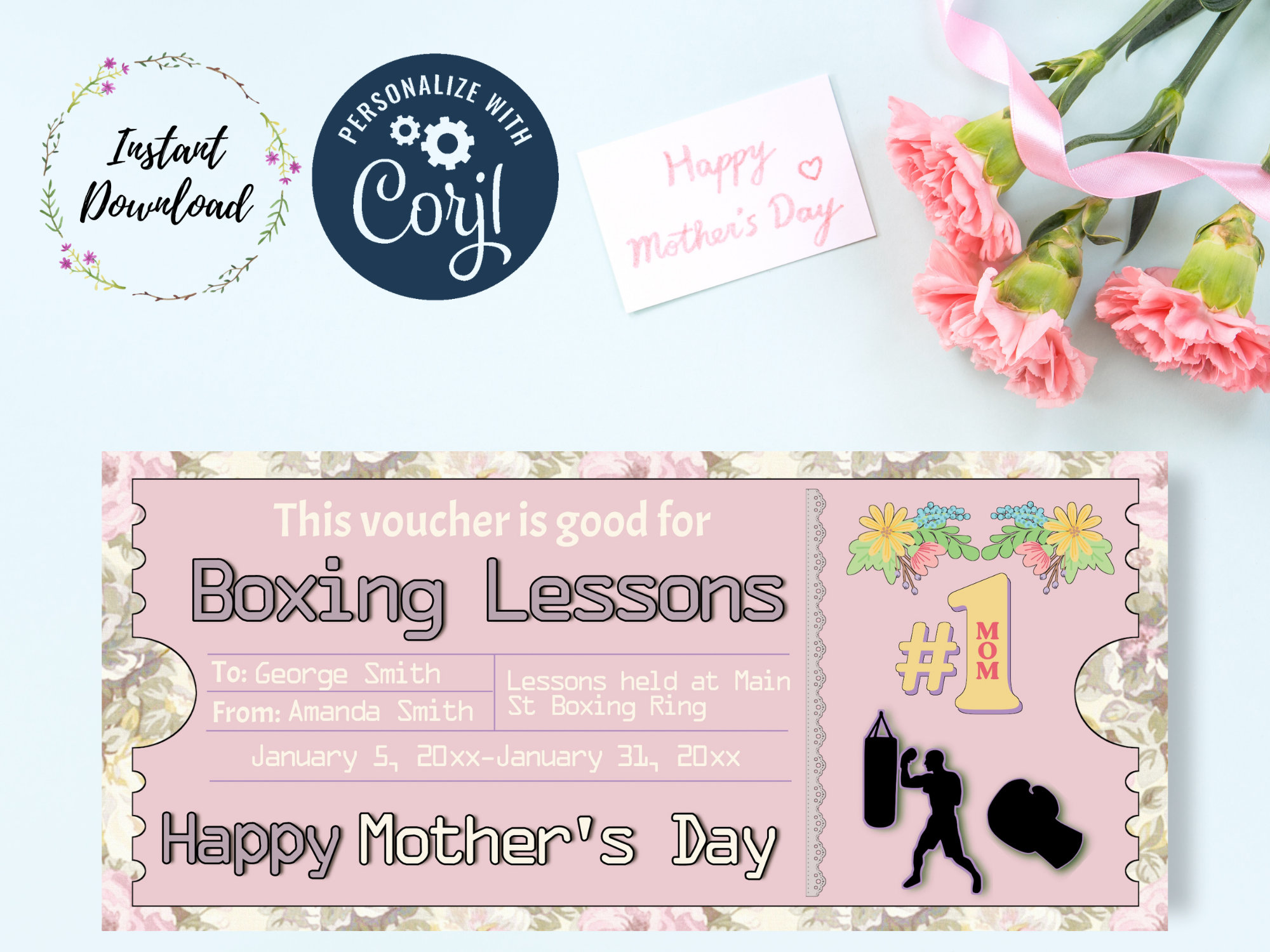 Editable Boxing Lessons Mother’s Day Voucher, Gift Certificate, Gift ...