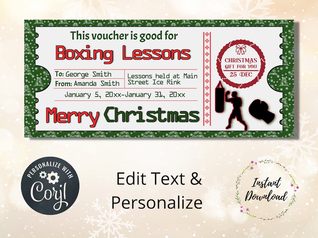 Editable Boxing Lessons Christmas Voucher, Gift Certificate, Gift ...