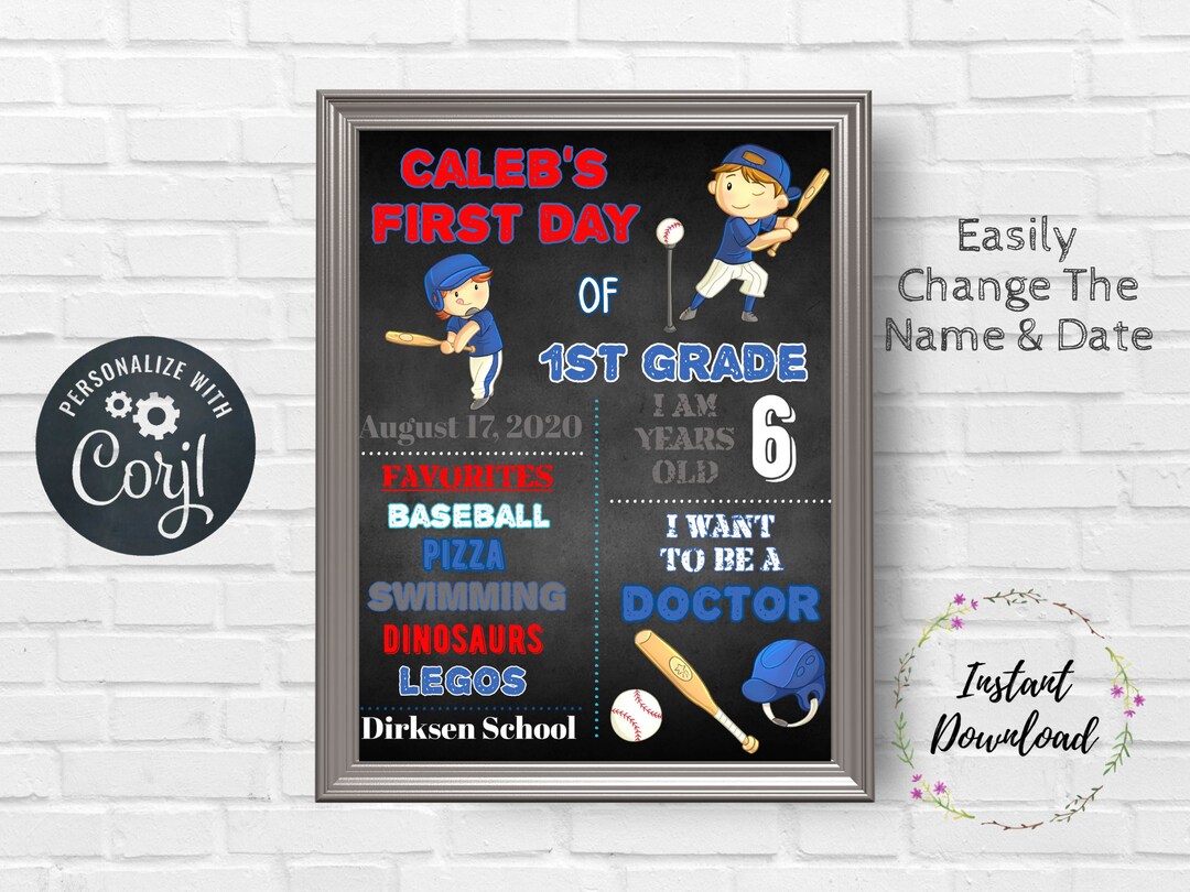 Editable Baseball Back to School Sign, Baseball Player, 1st Day of ...