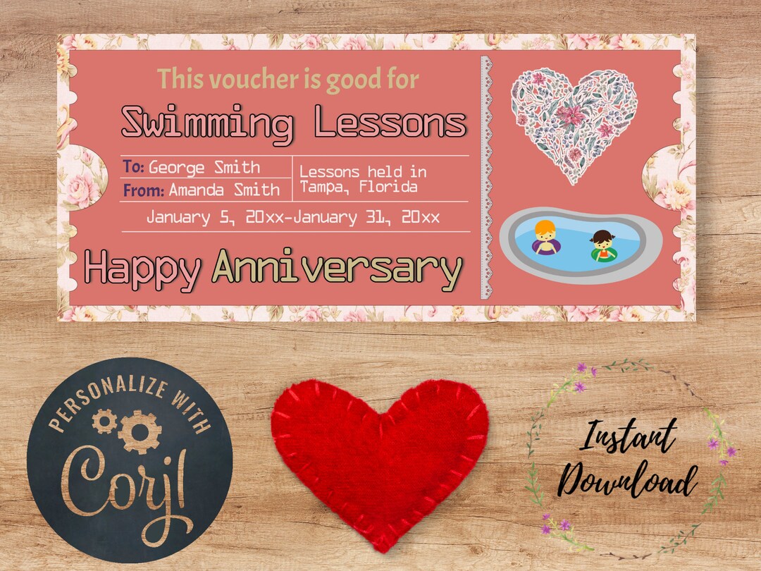 Editable Swimming Lessons Anniversary Voucher, Gift Certificate, Gift ...