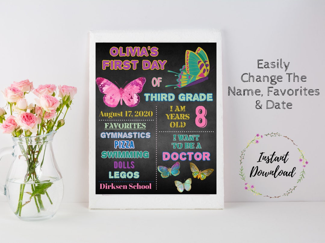 Editable Butterfly Back to School Sign, 3rd Grade, First Day of School ...