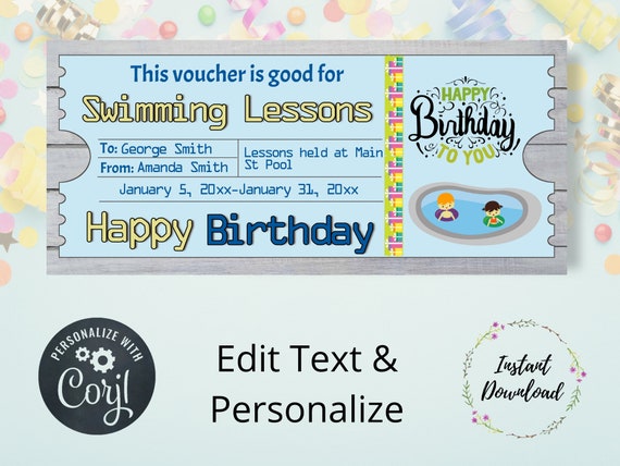 Editable Swimming Lessons Birthday Voucher Gift Certificate | Etsy