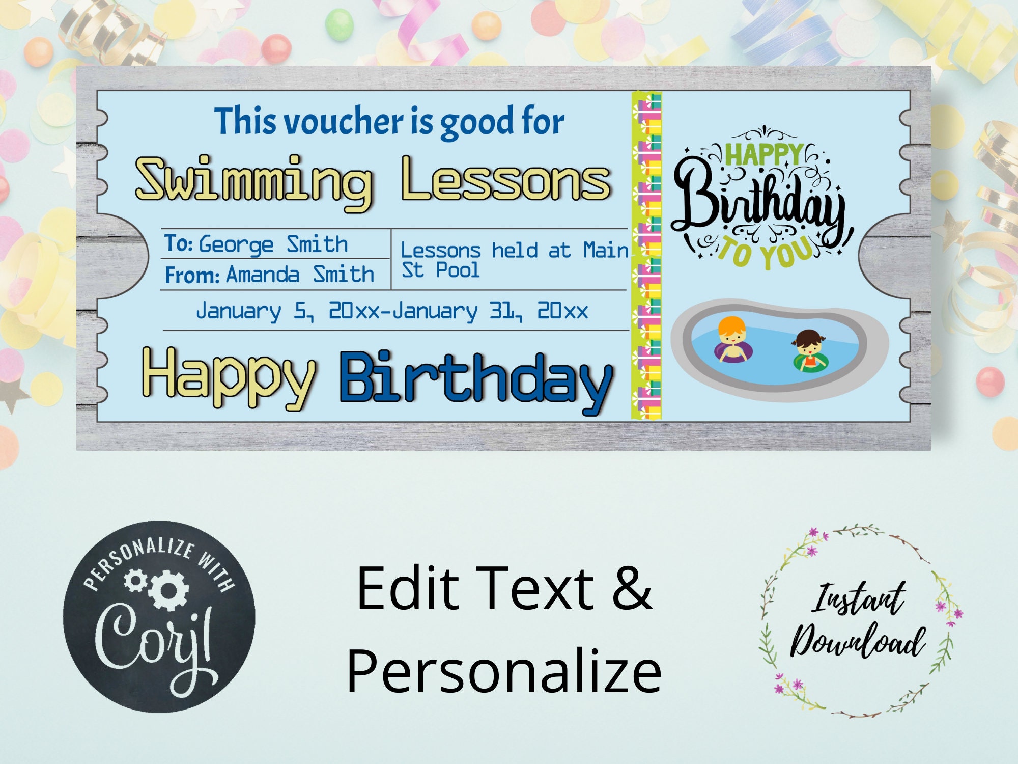 Editable Swimming Lessons Birthday Voucher, Gift Certificate, Gift ...