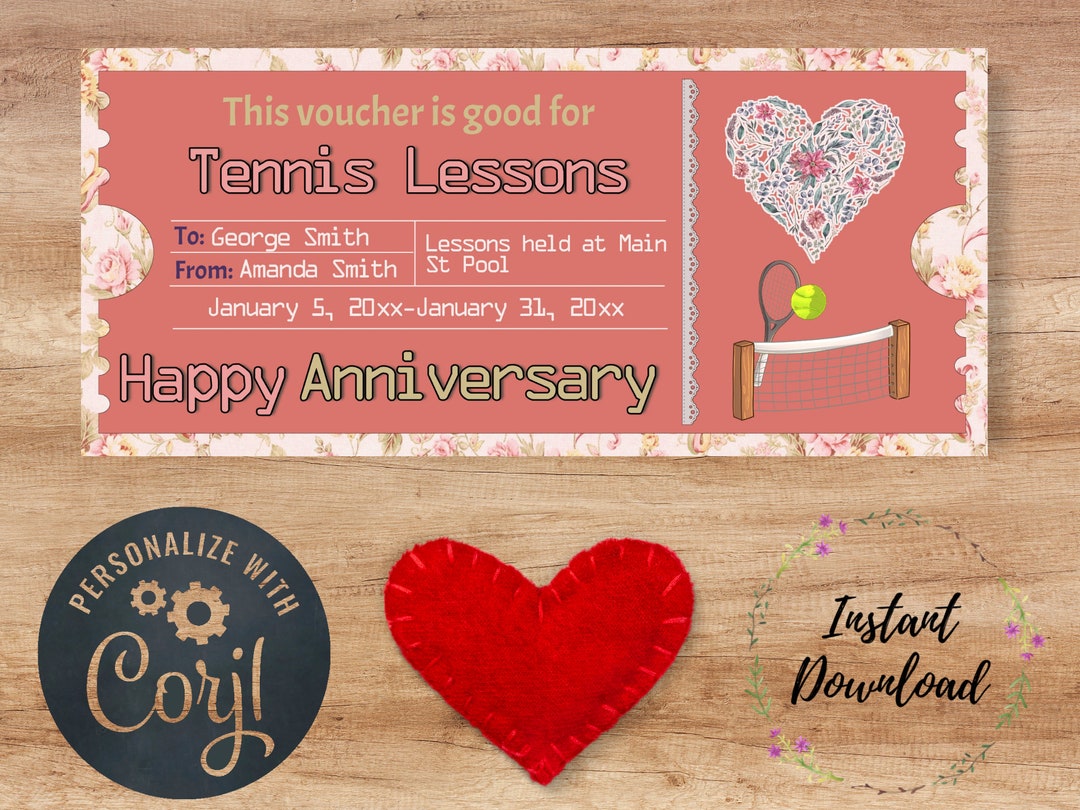 Editable Tennis Lessons Anniversary Voucher, Gift Certificate, Gift ...