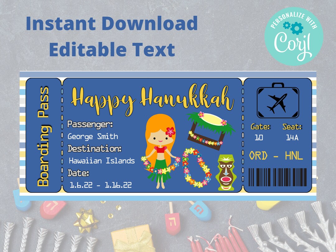 Editable Hanukkah Boarding Pass, Ticket, Gift Voucher, Vacation ...