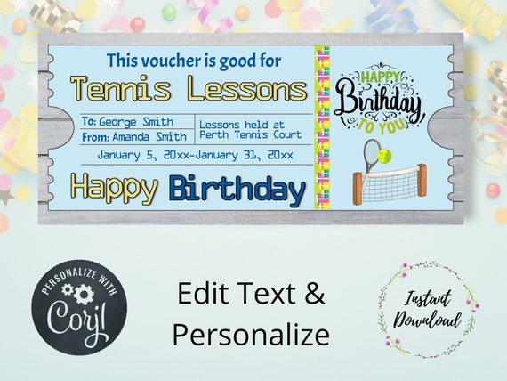 Editable Tennis Lessons Birthday Voucher Gift Certificate - Etsy