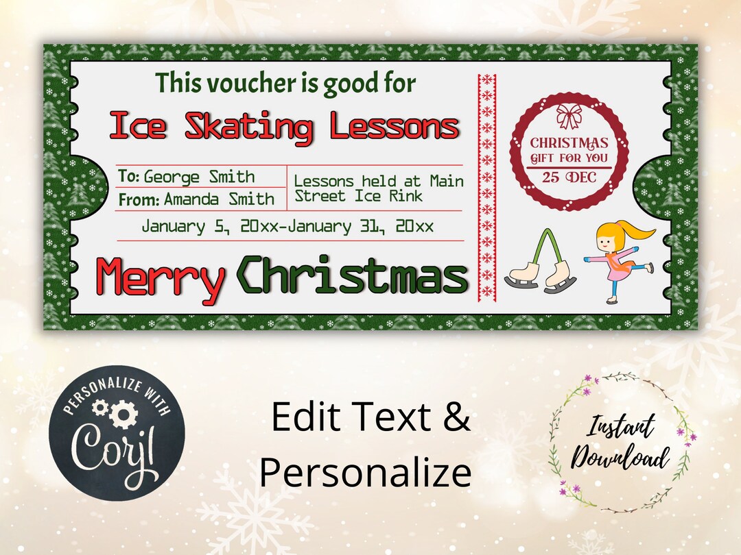Editable Ice Skating Lessons Christmas Voucher, Gift Certificate, Gift ...