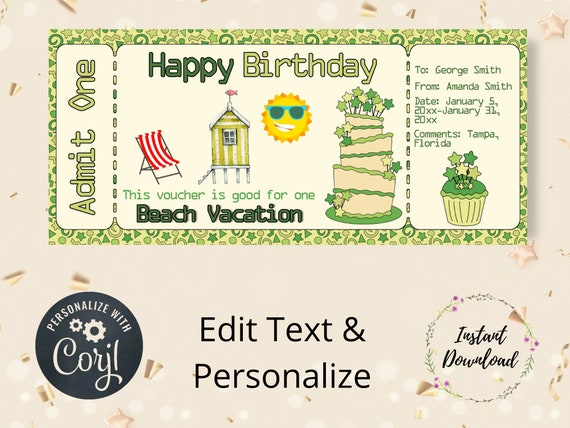 Editable Beach Vacation Birthday Voucher Gift Certificate | Etsy
