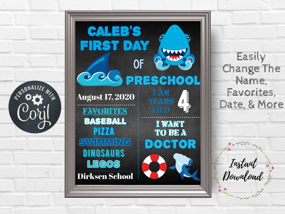 Editable Shark Back to School Sign Ocean Surfing 1st Day of - Etsy