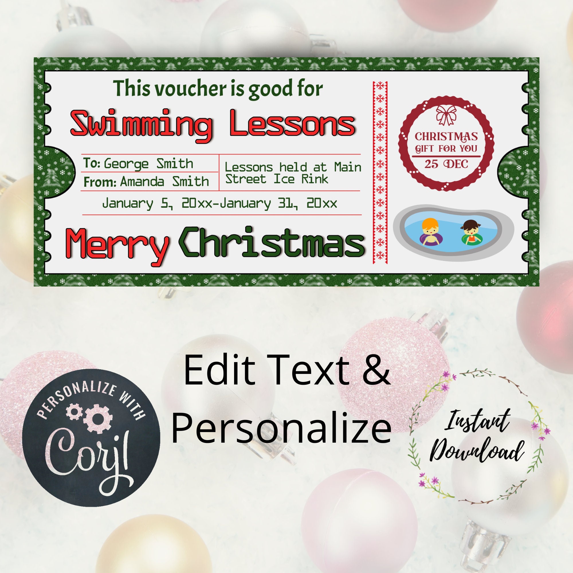 Editable Swimming Lessons Christmas Voucher, Gift Certificate, Gift ...
