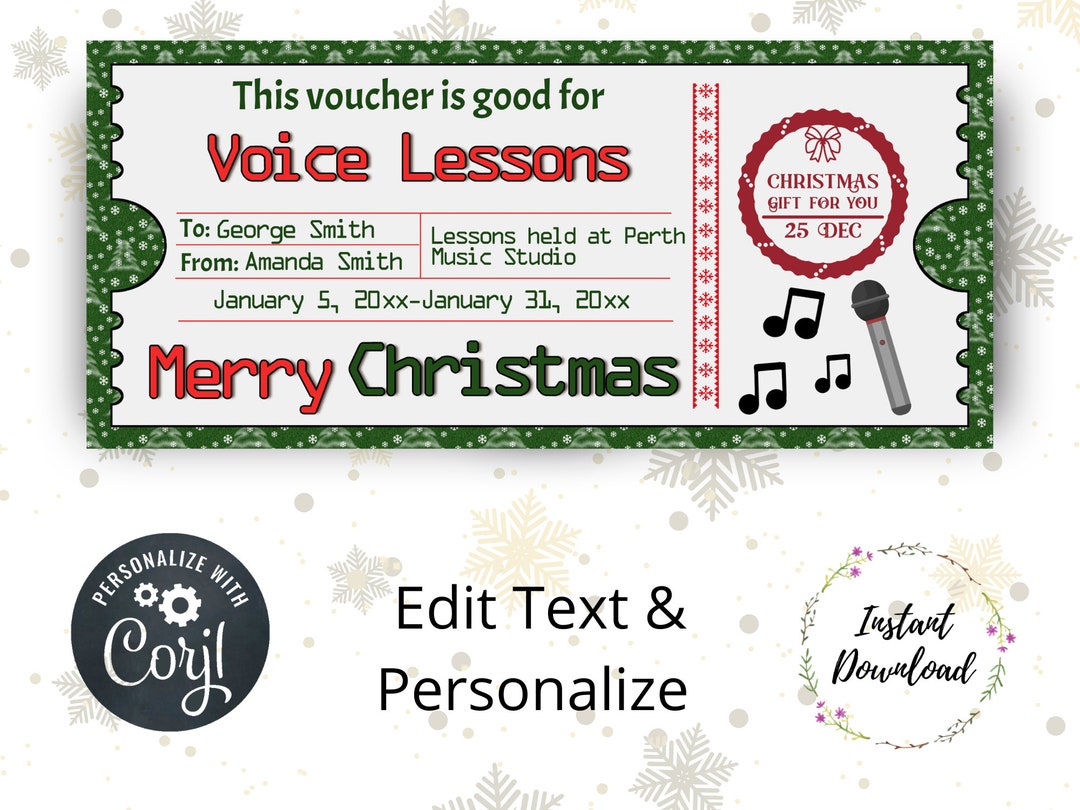 Editable Voice Lessons Christmas Voucher, Gift Certificate, Gift ...