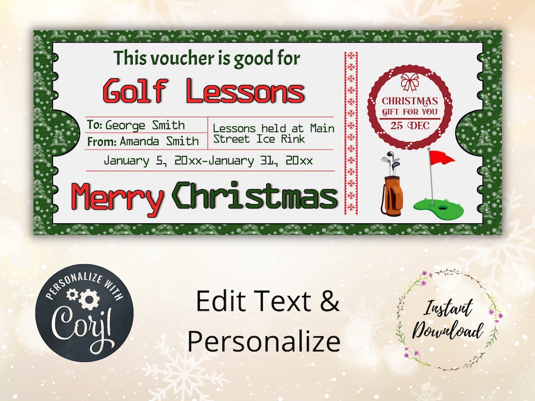 Editable Golf Lessons Christmas Voucher, Gift Certificate, Gift Voucher ...