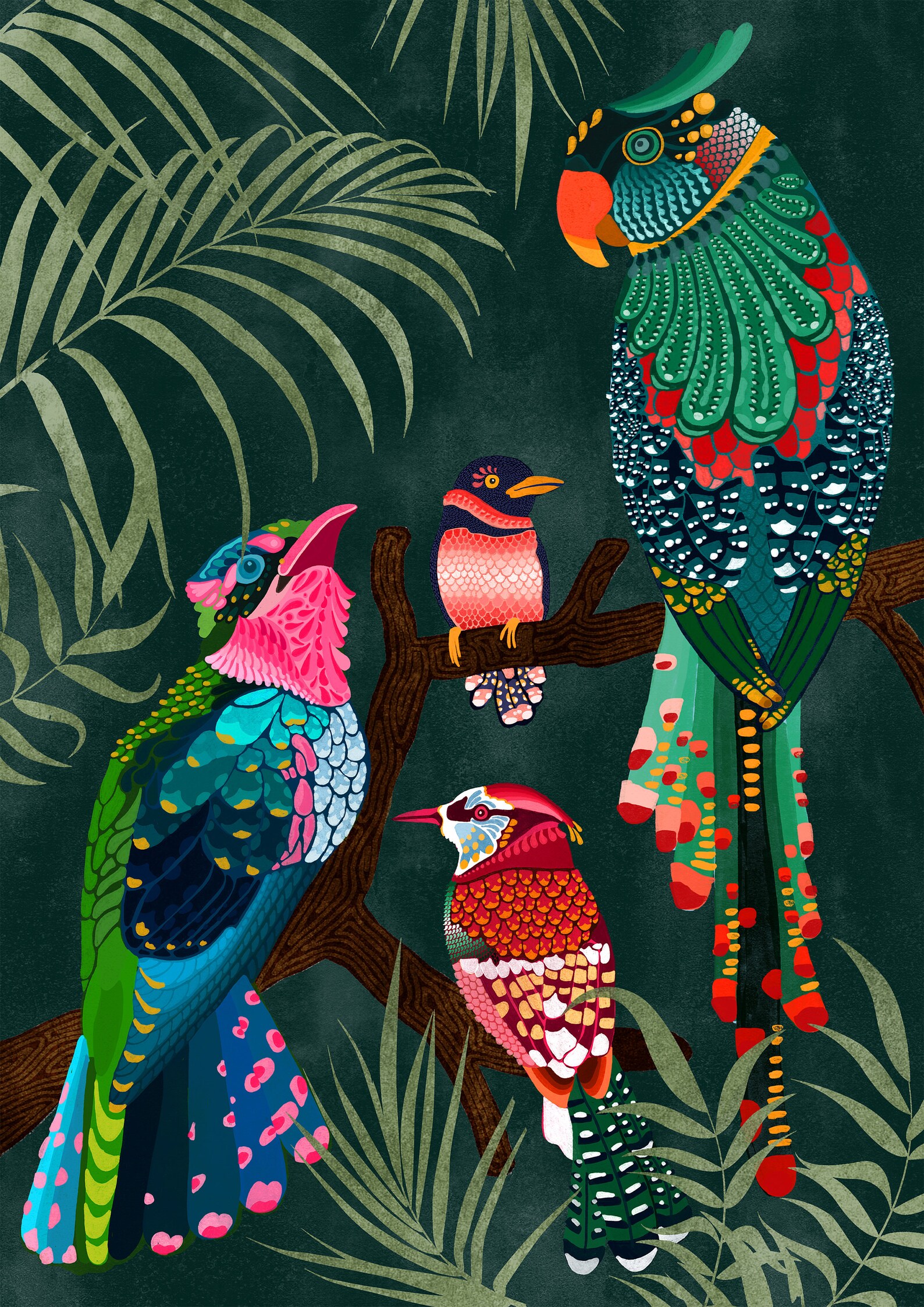 Tropical Jungle Birds Gold Foil Poster Illustration - Etsy