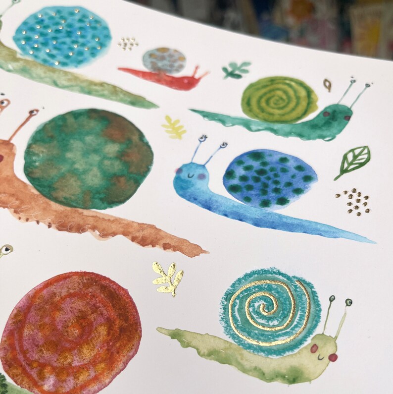 Cute Illustrated Watercolour Snails With Gold Foil - Etsy