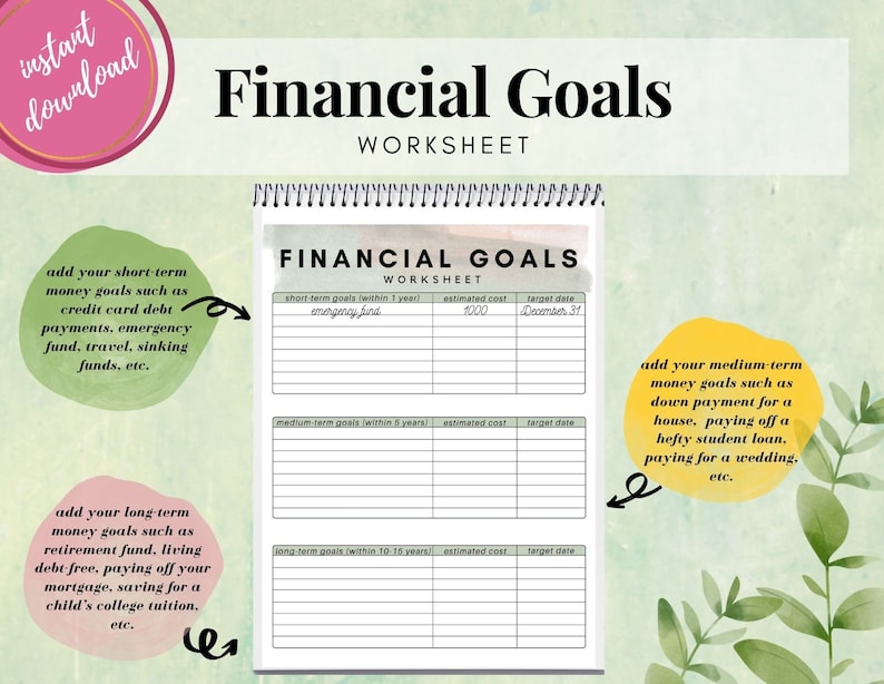 Financial Goals Worksheet, Money Goals Tracker, Money Goals Template ...